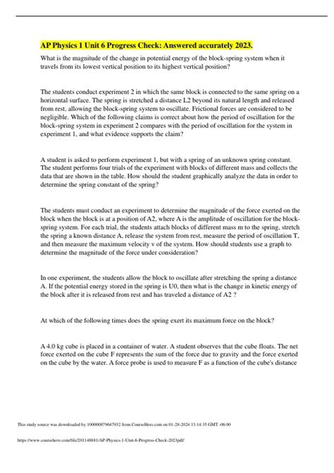 AP Physics Unit Progress Check Answered Accurately PHYSICS Stuvia US