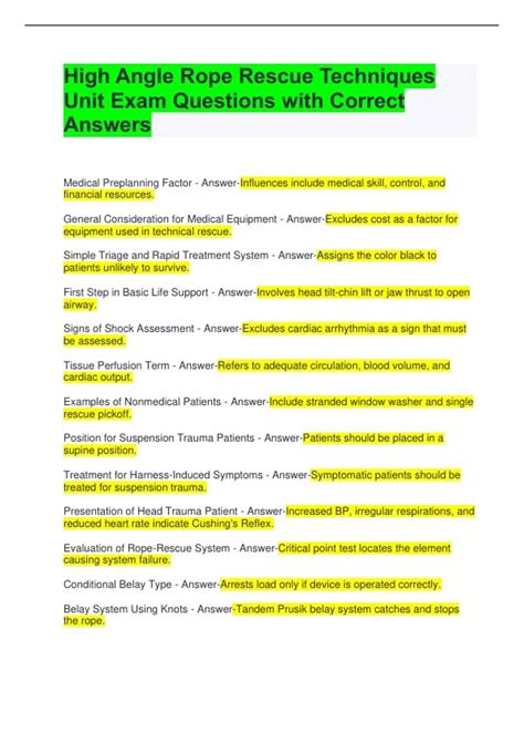 High Angle Rope Rescue Techniques Unit Exam Questions With Correct Answers High Angle Rope