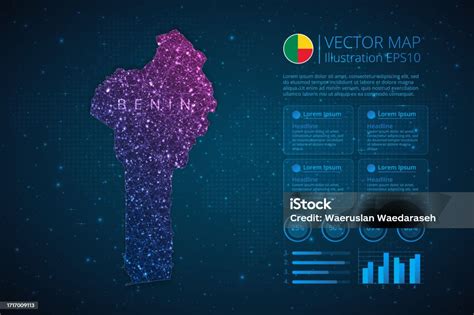 베냉 지도 인포그래픽 템플릿은 다이어그램 그래프 프리젠테이션 및 차트에 파란색 배경에 추상적인 기하학적 메쉬 다각형 조명 개념이 있다 0명에 대한 스톡 벡터 아트 및 기타