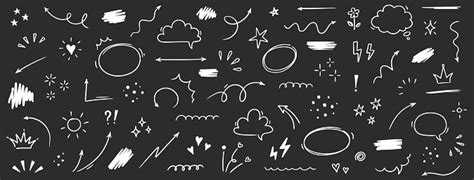 귀여운 별 요소 화살표 하트 모양을 스케치합니다 손으로 그린 낙서 스케치 스타일 원 구름 말풍선 그런지 요소 세트 화살표 별 반짝임 하트 브러시 장식 벡터 개체 그룹에 대한