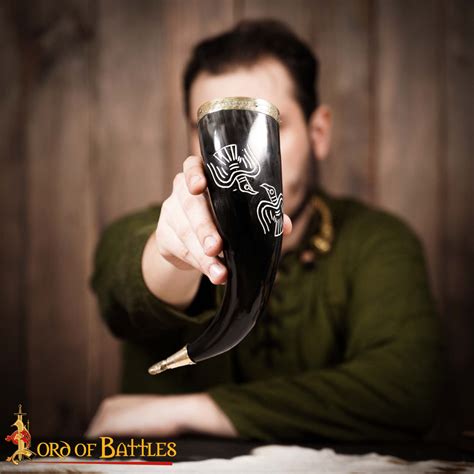 Medieval Odins Ravens Drinking Horn With Pure Brass Fittings Genuine