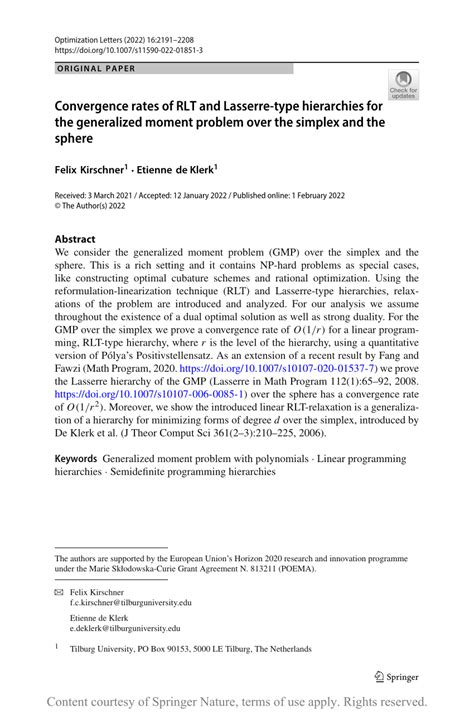 Pdf Convergence Rates Of Rlt And Lasserre Type Hierarchies For The Generalized Moment Problem