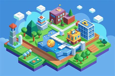 Explore A Colorful Isometric World Layout With Diverse Buildings A Pond