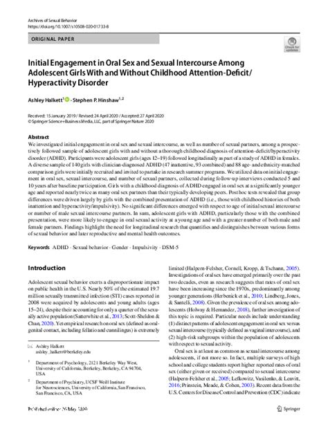 Pdf Initial Engagement In Oral Sex And Sexual Intercourse Among Adolescent Girls With And