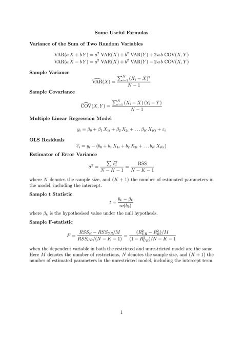 Formula Sheet For Use In Exam Basic Ecom Some Useful Formulas Variance Of The Sum Of Two