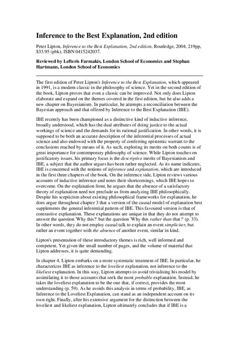 Pdf Review Of P Lipton Inference To The Best Explanation