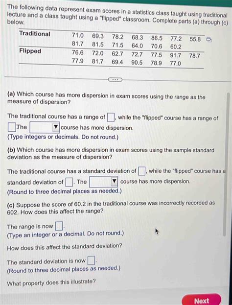 Solved The Following Data Represent Exam Scores In A Statistics Class