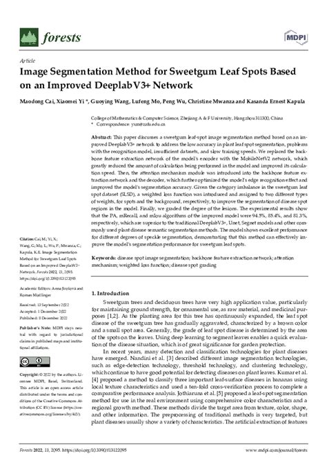Pdf Image Segmentation Method For Sweetgum Leaf Spots Based On An Improved Deeplabv3 Network