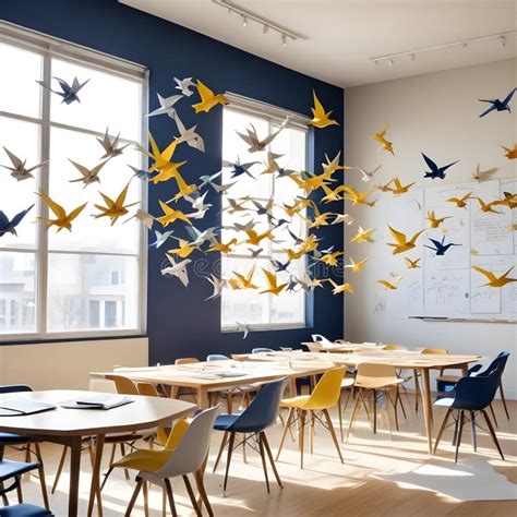A Bright Modern Classroom Or Workspace With Yellow And Blue Chairs Tables And Origami Birds