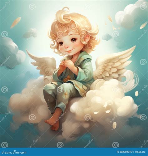 Curly Haired Angel Sitting On Cloud Stock Illustration Illustration Of Soft Sparkling 303908346