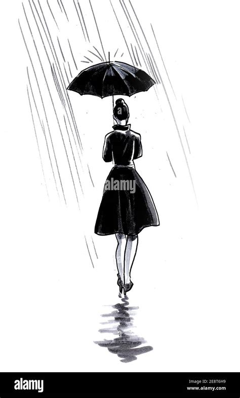 Girl With Umbrella Walking In The Rain Ink Black And White Drawing