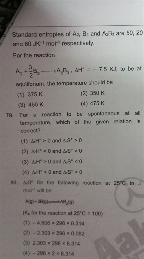 Δg∘ For The Following Reaction At 25∘c In J Mol−1 Will Be A G 2b G ⇌ab2