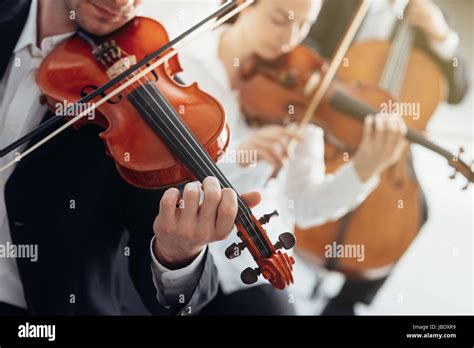 Classical Music Symphony Orchestra String Section Performing Male Violinist Playing On
