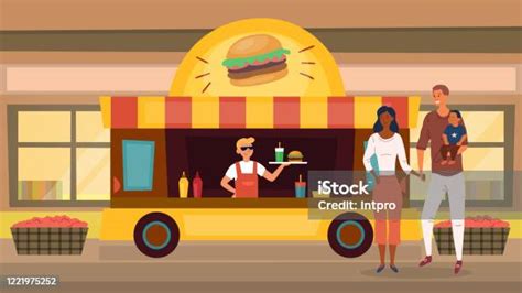 거리 패스트 푸드 개념 햄버거 소다 및 다른 소스와 패스트 푸드 모바일 레스토랑 푸드 트럭은 맛있는 식사를 제공합니다 음식을 구입하는 젊은 가족 고객 만화 플랫 벡터