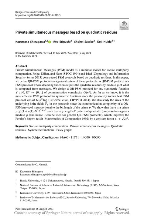 Pdf Private Simultaneous Messages Based On Quadratic Residues