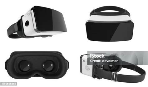 흰색 배경 3d 그림에 고립 된 흑백 Vr 가상 현실 헤드셋의 세트 3차원 형태에 대한 스톡 사진 및 기타 이미지 3차원