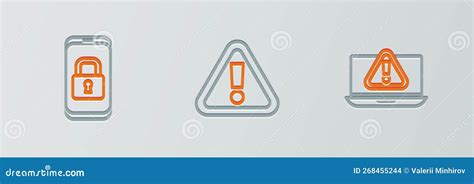 Set Line Laptop With Exclamation Mark Mobile Closed Padlock And Exclamation In Triangle Icon