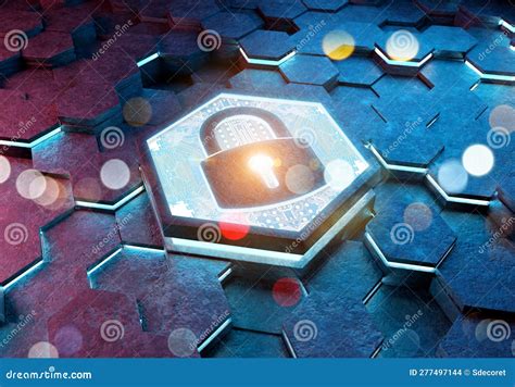 Web Security Icon Concept Engraved On Metal Hexagonal Pedestral Background Padlock Logo Glowing