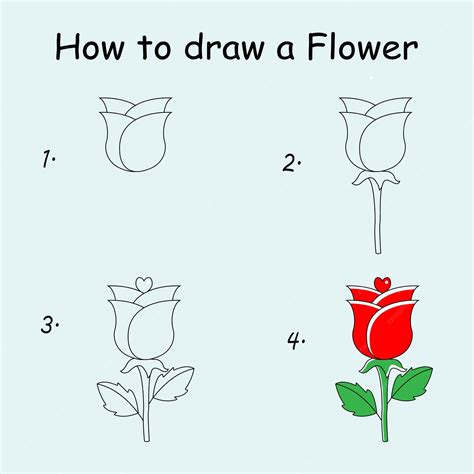 꽃을 그리는 단계 꽃 그리기 튜토리얼 어린이를 위한 그림 수업 프리미엄 벡터