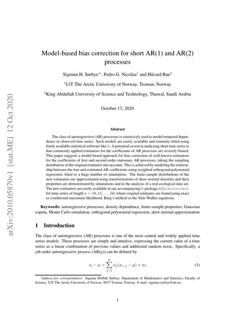 Pdf Model Based Bias Correction For Short Ar1 And Ar2 Processes
