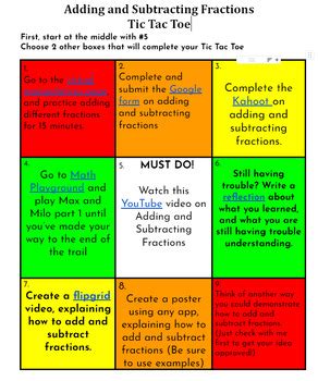 Adding And Subtracting Fractions Tic Tac Toe By Shannon Myers TPT