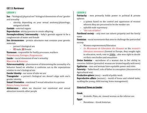 GE 11 Gender And Society GE 11 Reviewer LESSON 1 Sex Biological Physical Sex Biological