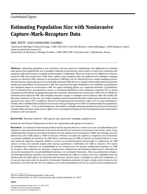 Pdf Estimating Population Size With Noninvasive Capture‐mark‐recapture Data