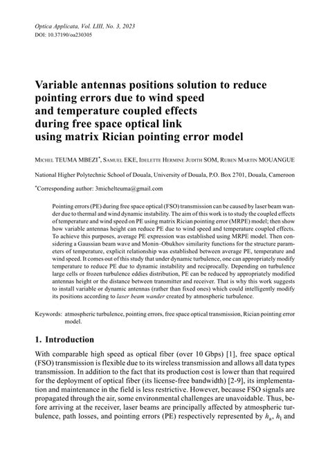Pdf Variable Antennas Positions Solution To Reduce Pointing Errors Due To Wind Speed And