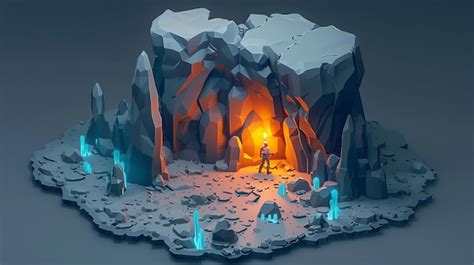 low poly 3d rendering of a cave with a glowing entrance and a figure
