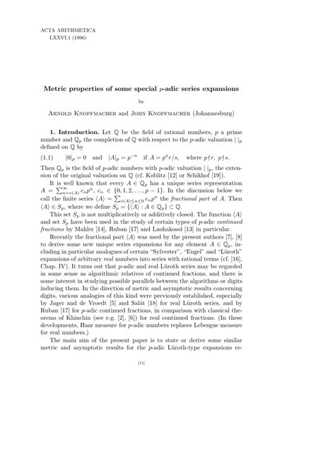 Pdf Metric Properties Of Some Special P Adic Series Expansions