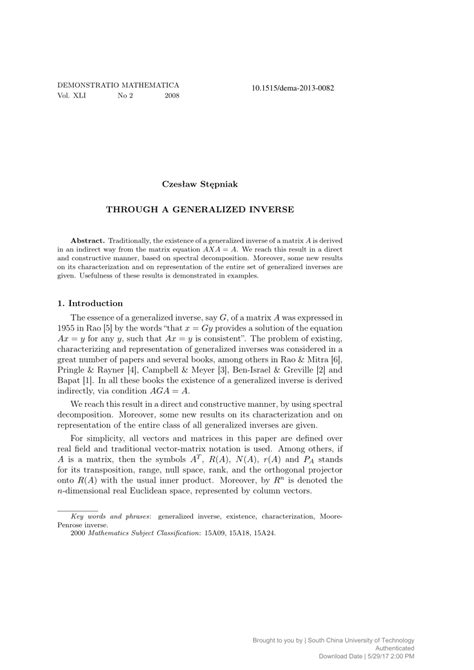 Pdf Through A Generalized Inverse