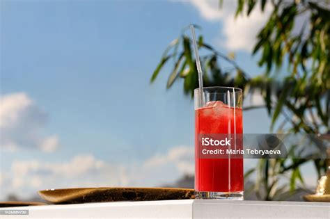 유리에 빨간 아이스 칵테일 푸른 하늘 배경과 녹색 나무에 대한 하이볼 여름 공간을 복사합니다 0명에 대한 스톡 사진 및 기타 이미지 Istock