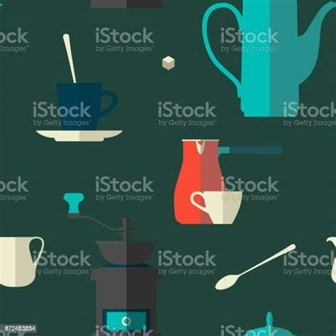커피 배경입니다 식기로 완벽 한 패턴입니다 커피 포트 분쇄기 컵 Cezve 투 수 벡터 평면 아이콘입니다 0명에 대한 스톡 벡터 아트 및 기타 이미지 Istock
