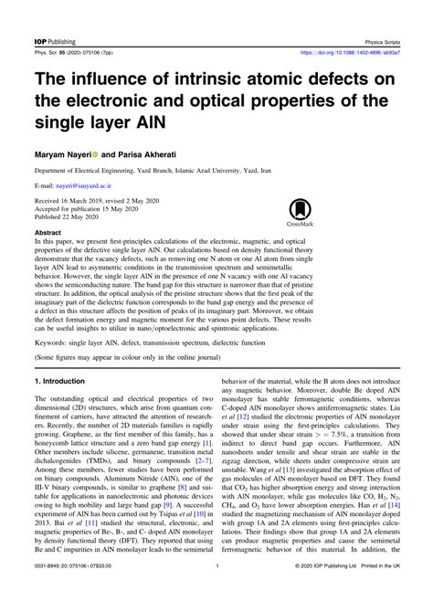 The Influence Of Intrinsic Atomic Defects On The Electronic And Optical Properties Of The Single