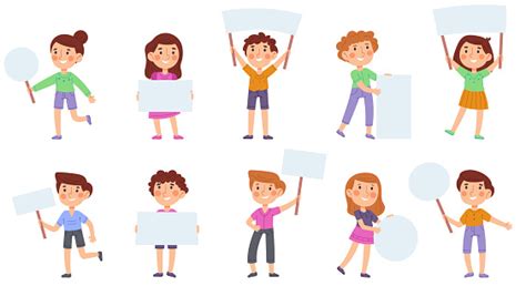 만화 아이들은 배너 빈 플래카드와 귀여운 아이들을 개최합니다 빈 종이 배너 벡터 일러스트 세트를 들고 어린 소년과 소녀 광고 포스터를 가진 어린이 간판에 대한 스톡 벡터
