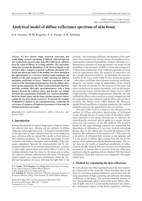 Pdf Analytical Model Of Diffuse Reflectance Spectrum Of Skin Tissue
