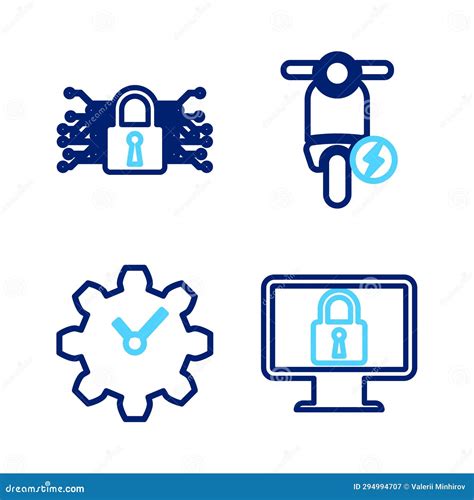 Set Line Lock On Monitor Time Management Electric Scooter And Cyber Security Icon Vector
