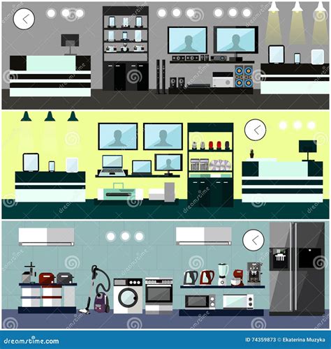 Consumer Electronics Store Interior Colorful Vector Illustration Design Elements And Banners