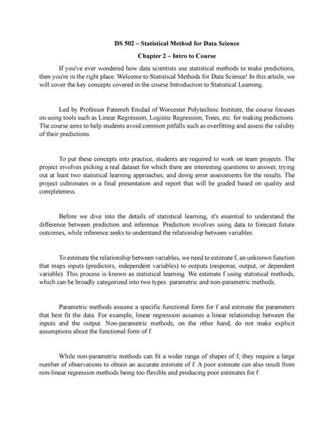 Ds 502 Summary Chapter 2 Intro To Statistical Learning Ds 502