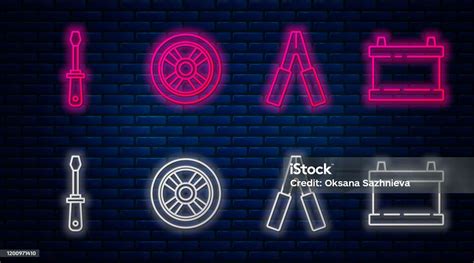 설정 라인 자동차 바퀴 자동차 배터리 점퍼 전원 케이블 드라이버 및 자동차 배터리 벽돌 벽에 빛나는 네온 아이콘입니다 벡터 Unspecified에 대한 스톡 벡터 아트 및