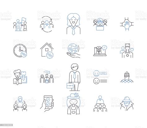 작업 공간 개요 아이콘 모음입니다 사무실 지역 책상 환경 방 공간 시설 벡터 및 일러스트레이션 개념 집합입니다 테이블 좌석 구역 선형 표지판 25 센트에 대한 스톡 벡터