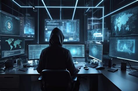 premium photo front view of hacker in blurry interior using computers