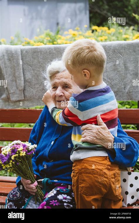 90 Year Old Great Grandmother Grandmother With Grandson Together