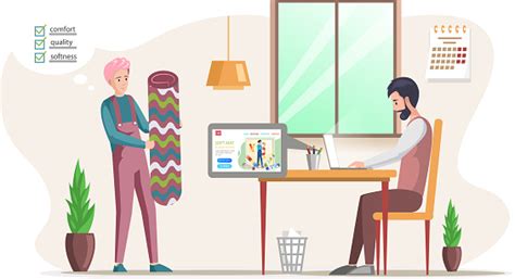 남자는 온라인 상점에서 카펫을 주문하고 인테리어 요소를 구입하고 컴퓨터와 인터넷으로 작업합니다 가구에 대한 스톡 벡터 아트 및 기타 이미지 Istock