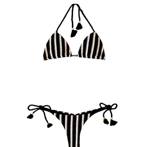 Garota De Luxo Black And Tan Stripes Crochet String Bikini