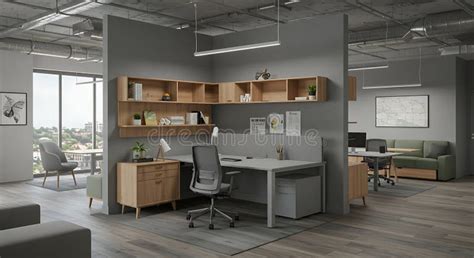 Modern Open Plan Office Space With Warm Wooden Accents Stock