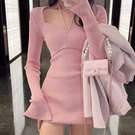 ชุดถัก 2022 เดรสผ้านิตติ้งเซ็กซี่หวานและเผ็ดใหม่บริสุทธิ์ เดรสแขนยาว Shopee Thailand