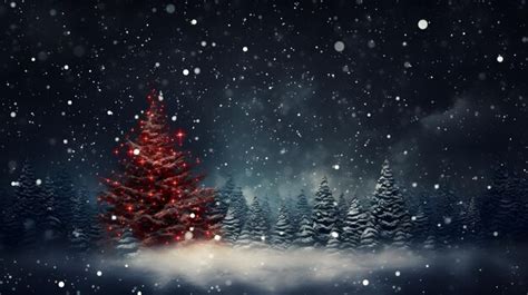 Premium Ai Image Red Pine Tree In Blue Winter Forest During Christmas Night Snowfall Neural