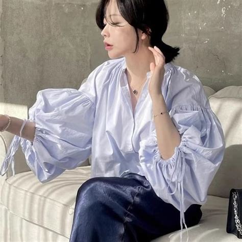 Coris Puff Sleeve Band Collar Plain Blouse Yesstyle