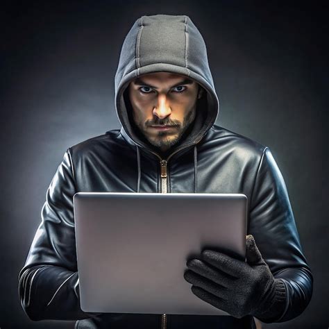 Portrait Of A Hacker With Gloves And Laptop Background Premium Ai